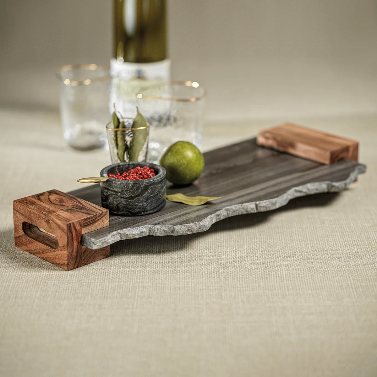 Nairobi Gray Marble Tray with Acacia Handles | Elegant Serving Tray ...